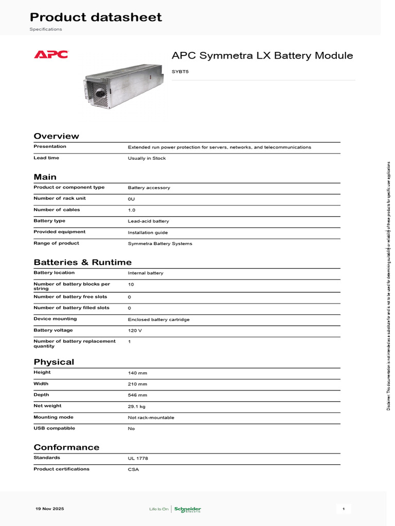 APC Symmetra LX Battery Module SYBT5 | PDF