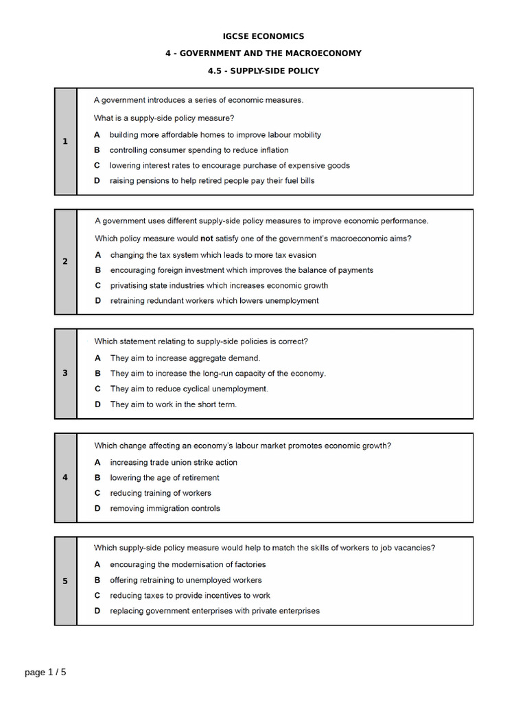 IGCSE Economics - 4.5 - Supply-Side Policy | PDF