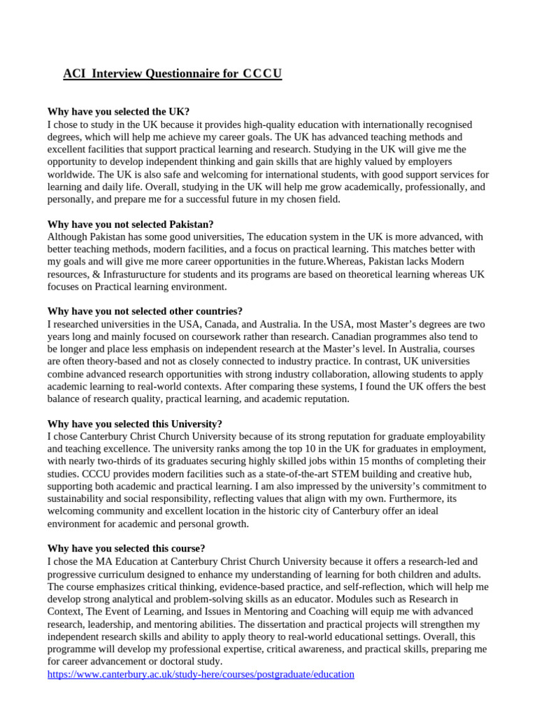 CCCU ACI Questionnaire | PDF | Mentorship | Learning