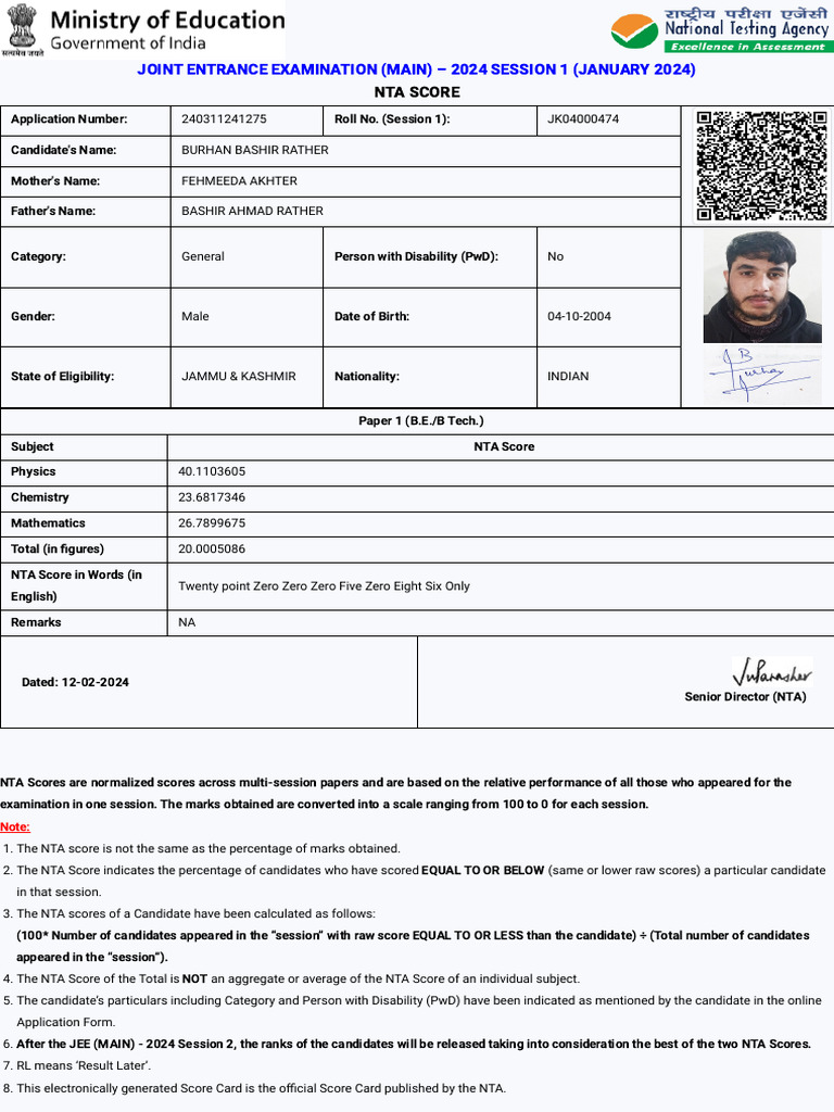 JEE Main 2024 Session 1 Score Card | PDF | Qualifications | Student ...