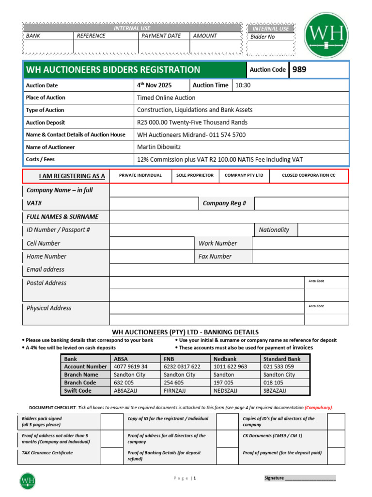 WH Auctioneers Bidders Registration Form | PDF | Auction | Payments