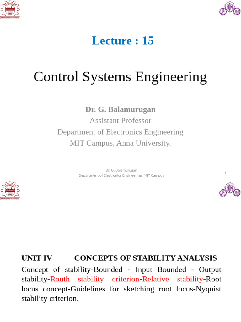 Control Systems Engineering Lecture 15 | PDF | Stability Theory | Control Theory