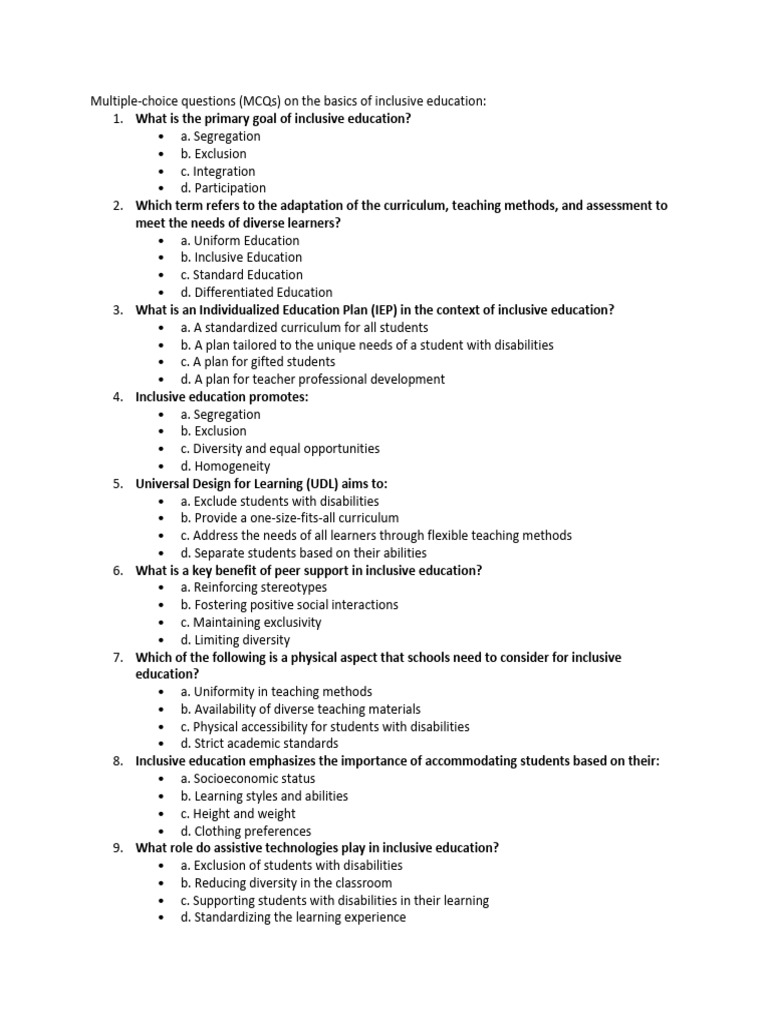 Inclusive Education MCQs and Answers | PDF | Inclusion (Education ...