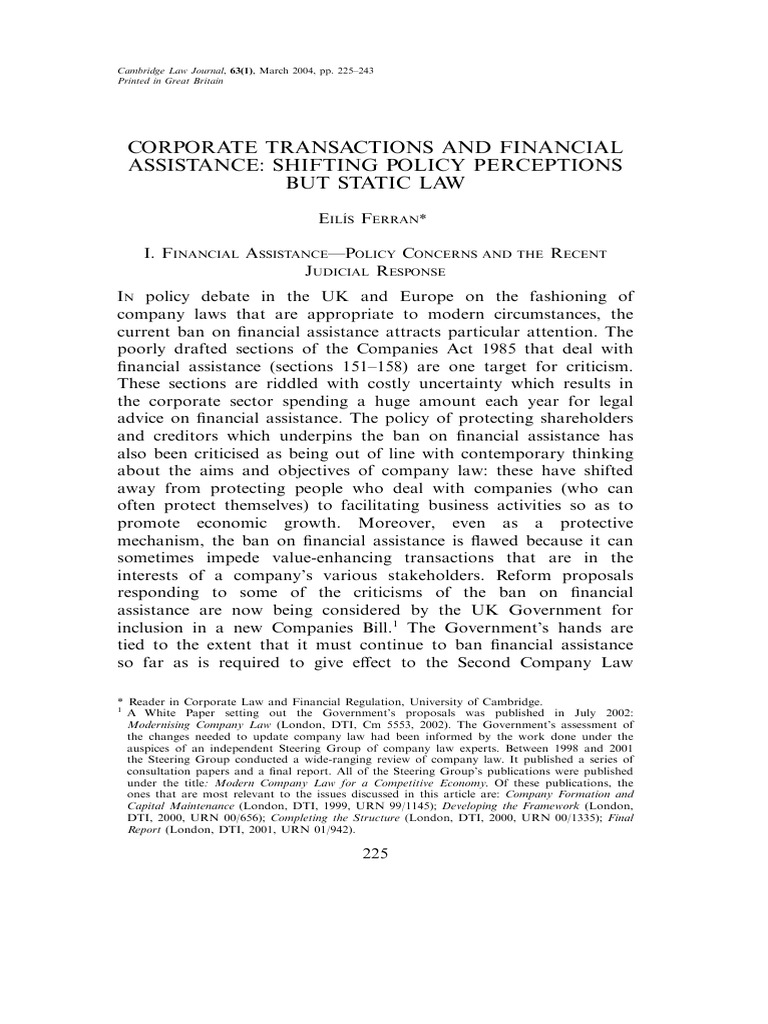 Corporate Transactions and Financial Assistance Shifting Policy ...