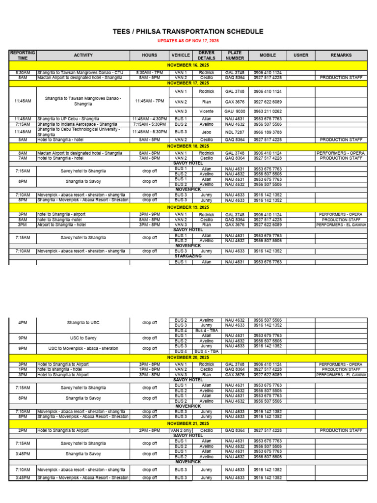 Tees Transportation Schedule As of Nov 17 | PDF | Hospitality Industry ...