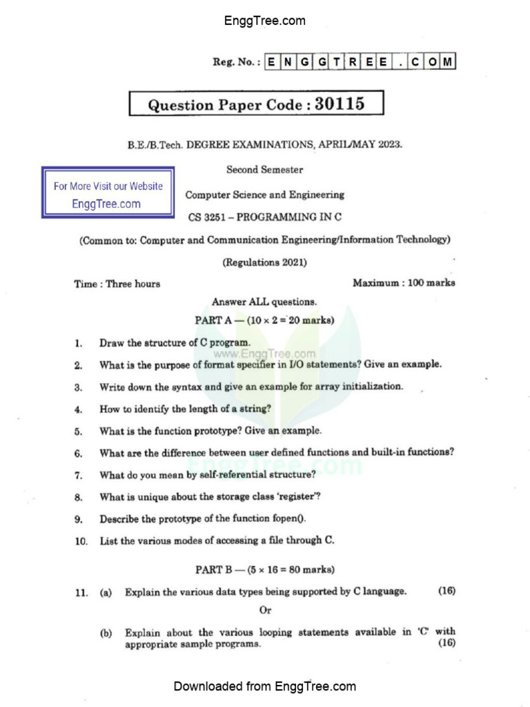 CS3251 Programming in C Apr May 2023 Question Paper Download | PDF