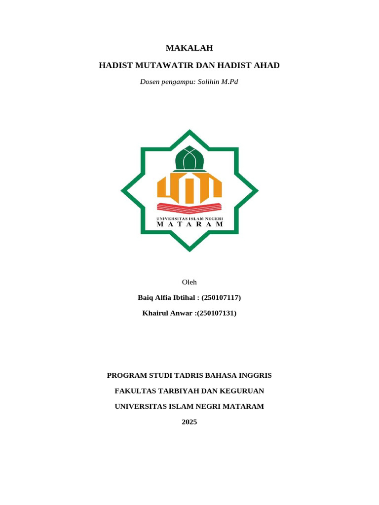 Hadis Mutawatir vs Hadis Ahad: Penjelasan dan Syarat | PDF