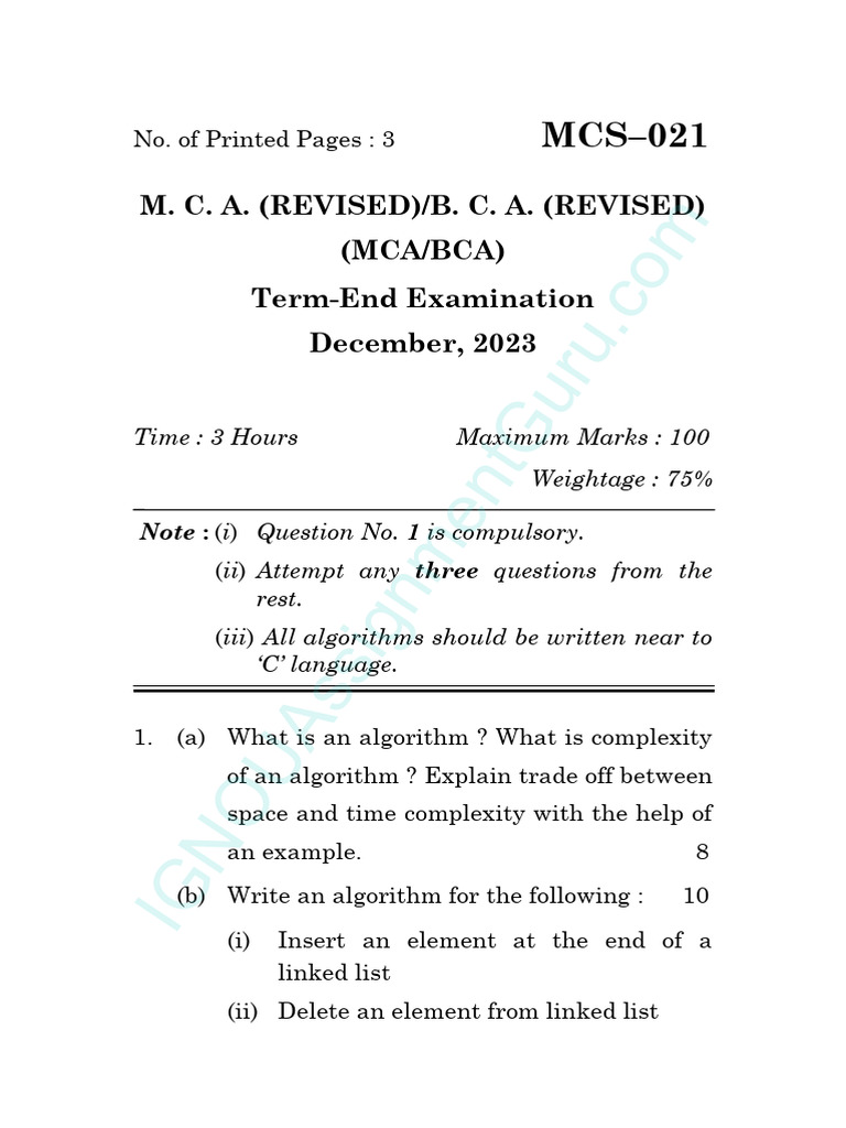 MCS-021 Question Paper - Merged | PDF | Time Complexity | Algorithms ...