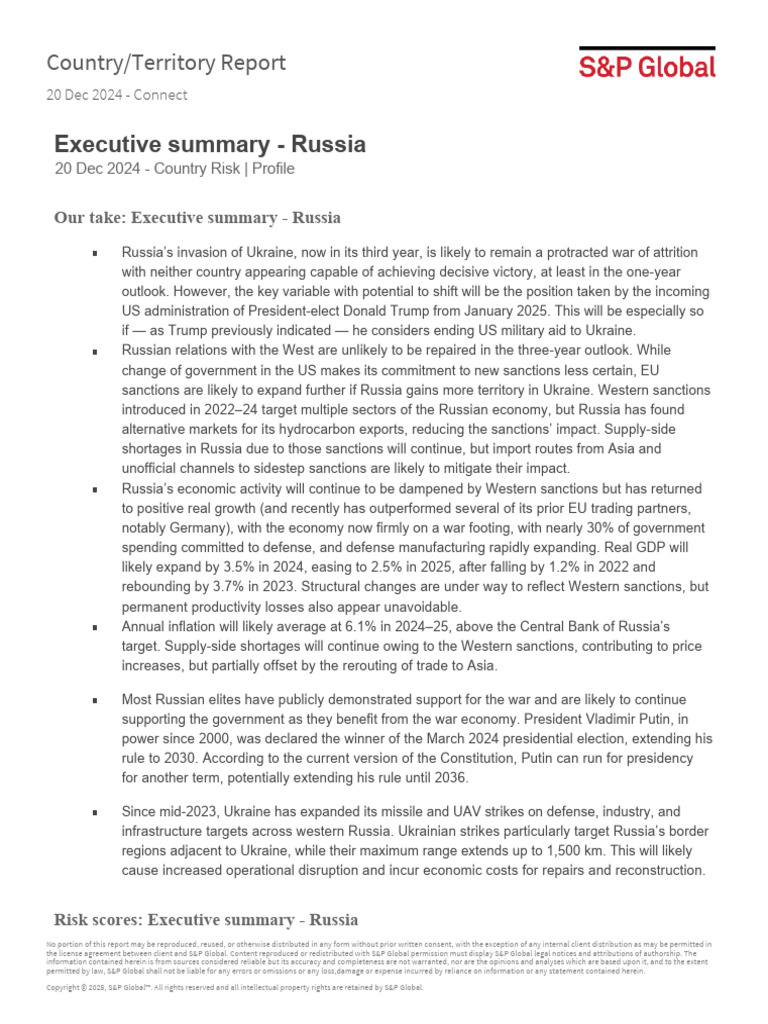Russia Country Risk Executive Summary 2024 | PDF | Vladimir Putin ...