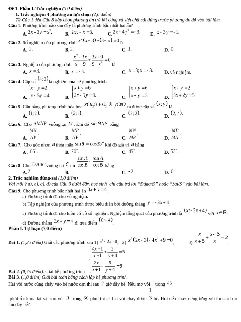 ĐỀ KT TOÁN 9 GKI HS ôn | PDF