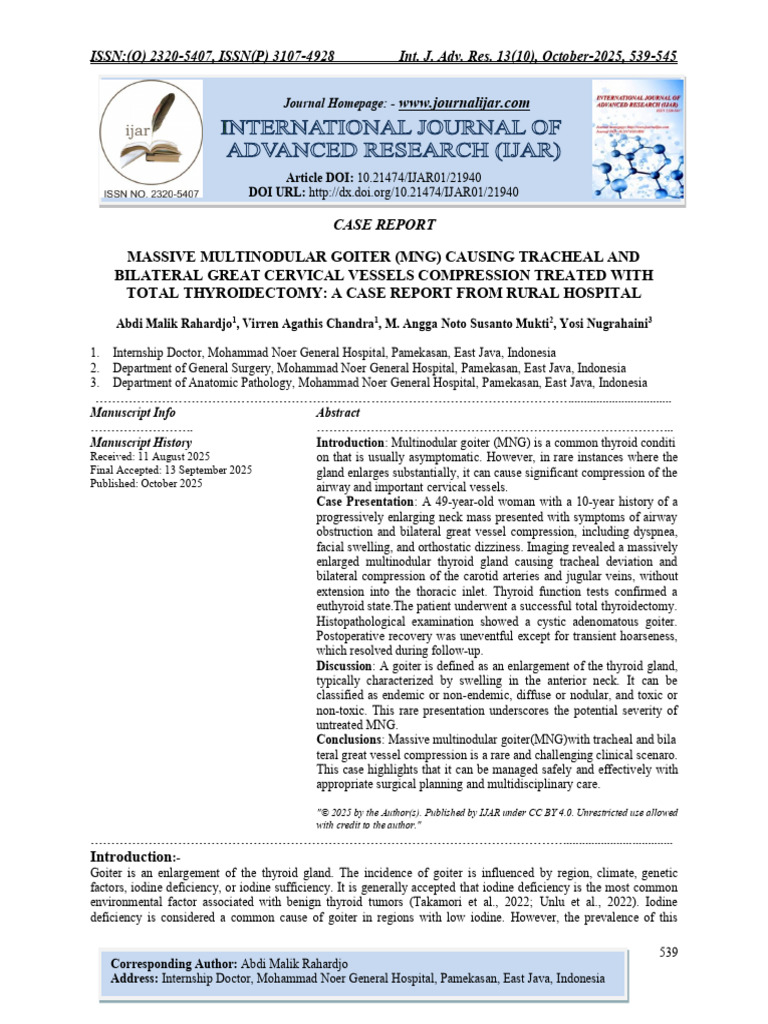 MASSIVE MULTINODULAR GOITER (MNG) CAUSING TRACHEAL AND BILATERAL GREAT ...