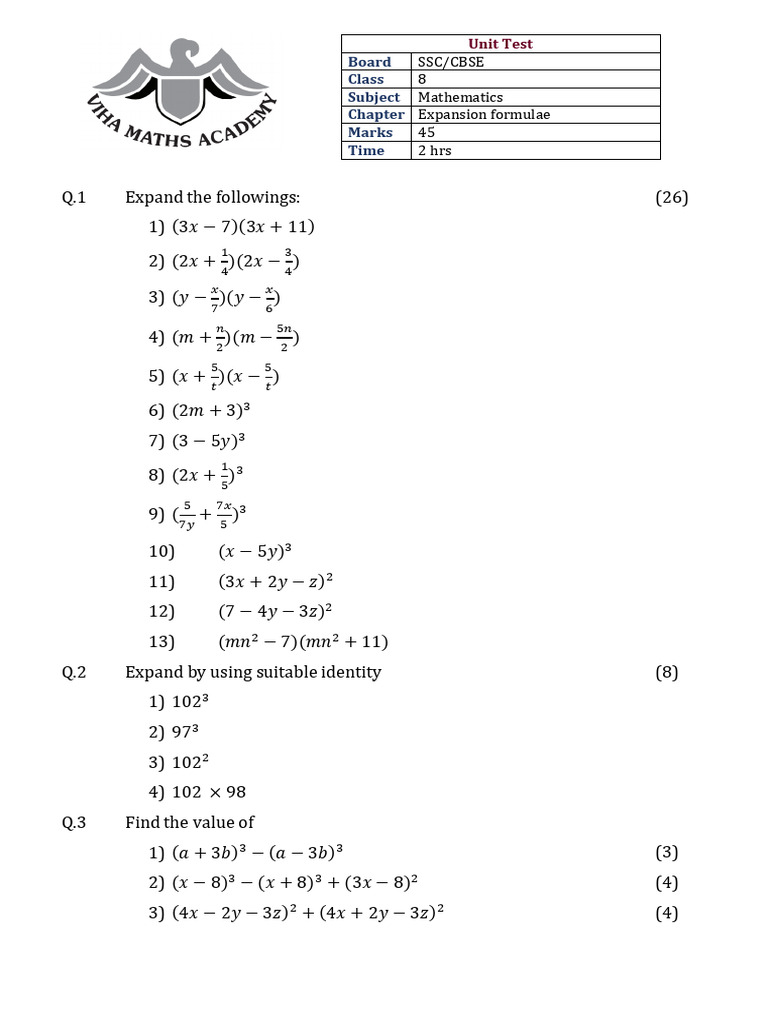 Class 8 Math Unit Test: Expansion Formulas | PDF