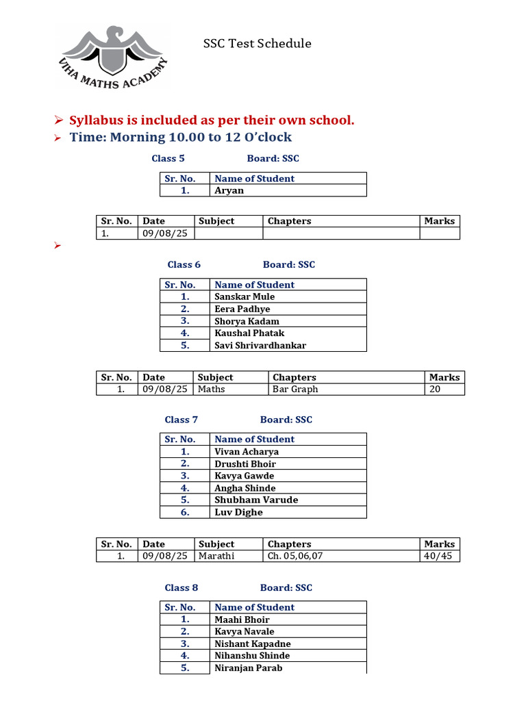 9 Aug SSC Test Schedule | PDF