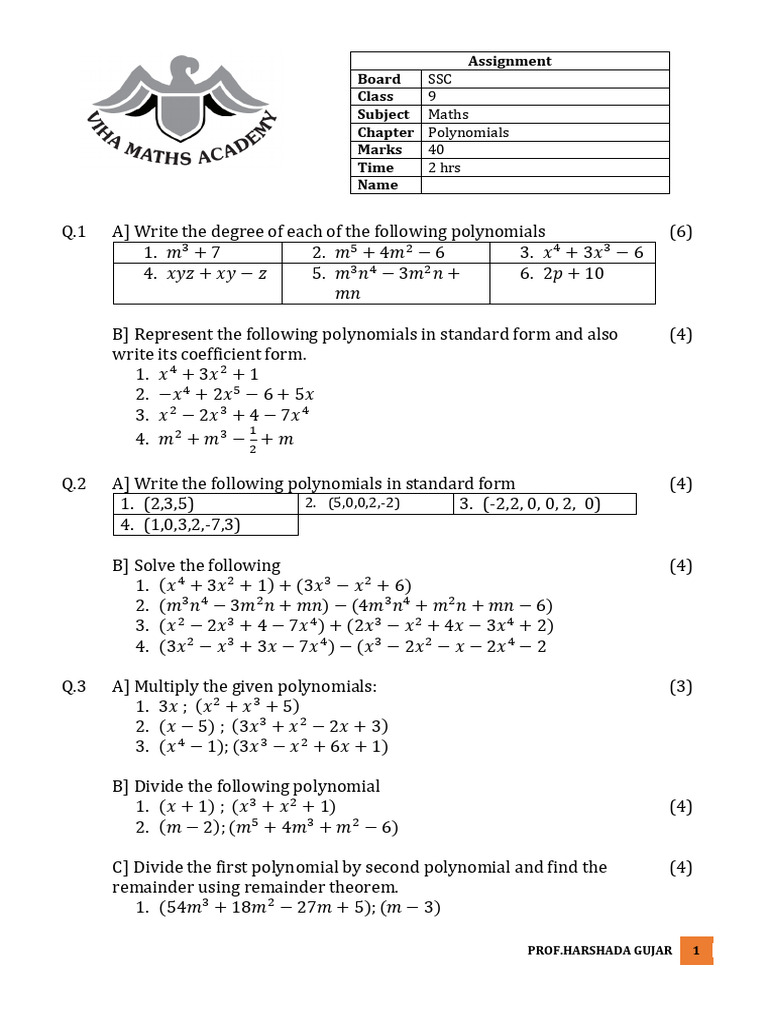Class 9 Polynomials | PDF | Polynomial | Algebra