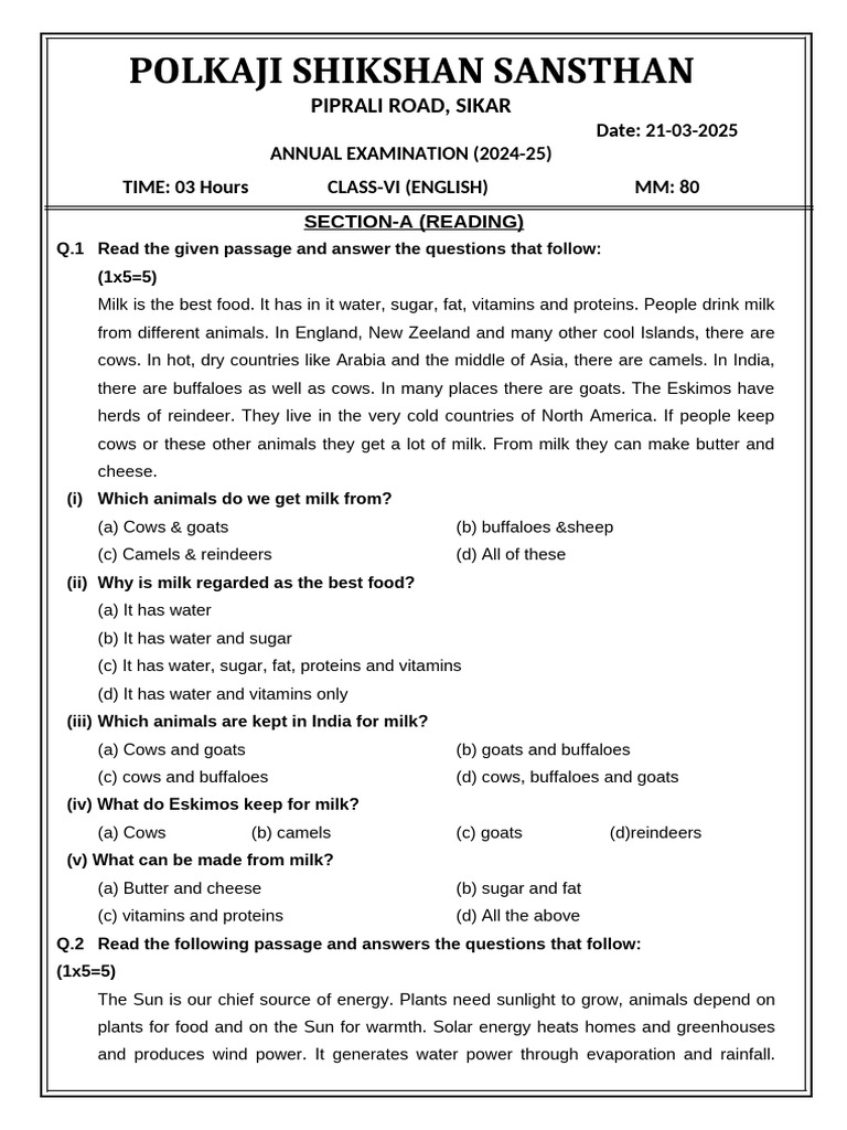 Class VI English Annual Exam Paper | PDF | Milk | Solar Energy