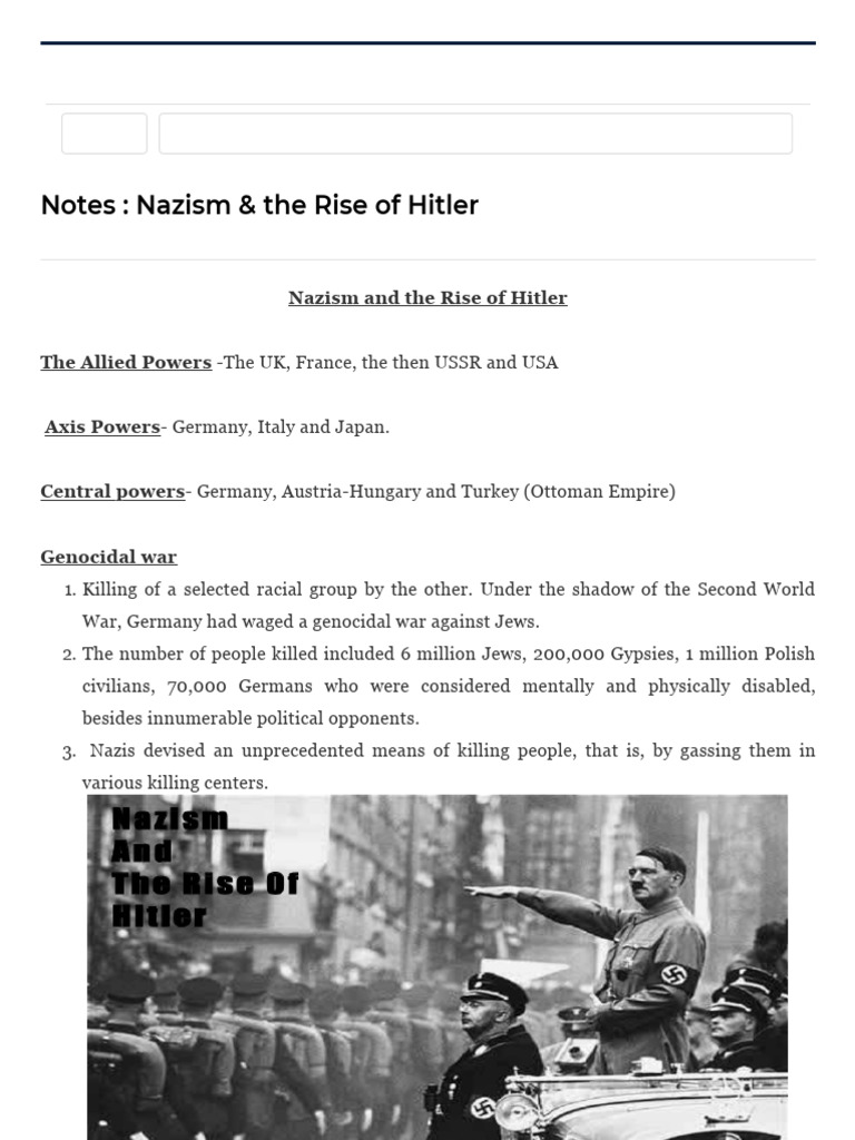 Nazism and the Rise of Hitler Notes Class 9 | PDF | Nazi Germany ...