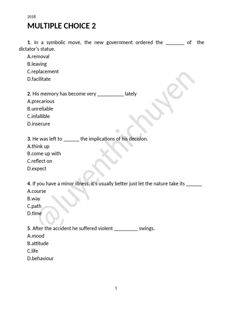 2018 Multiple Choice Vocabulary Test | PDF