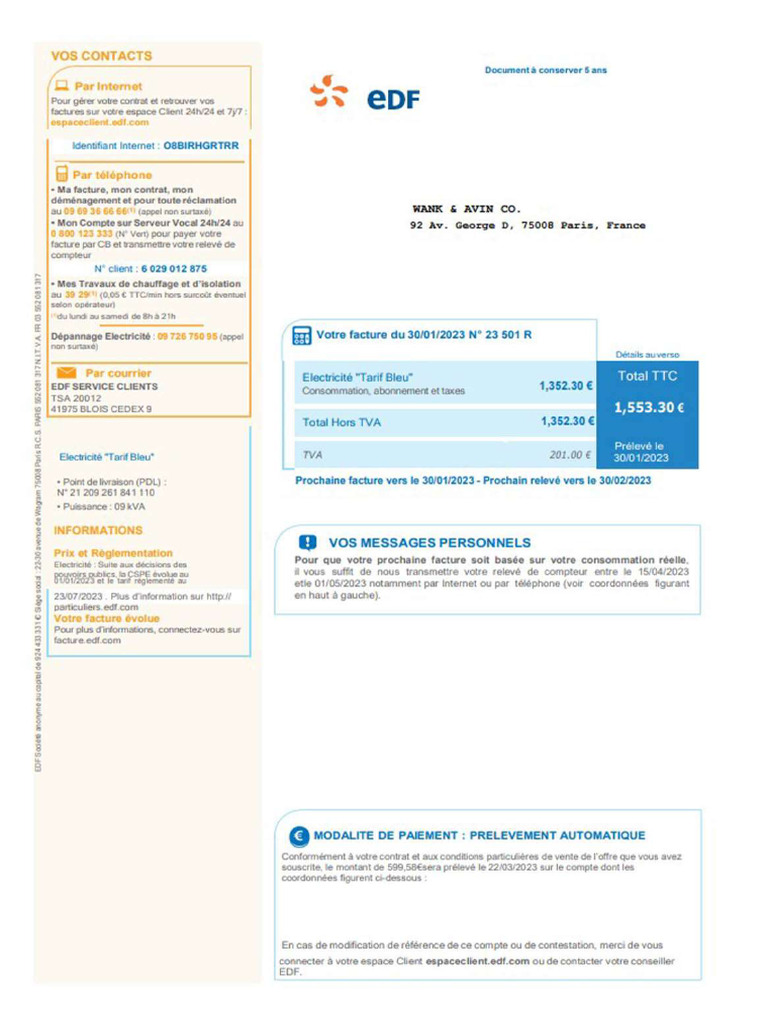 EDF France Electricity Business Utility Bill | PDF