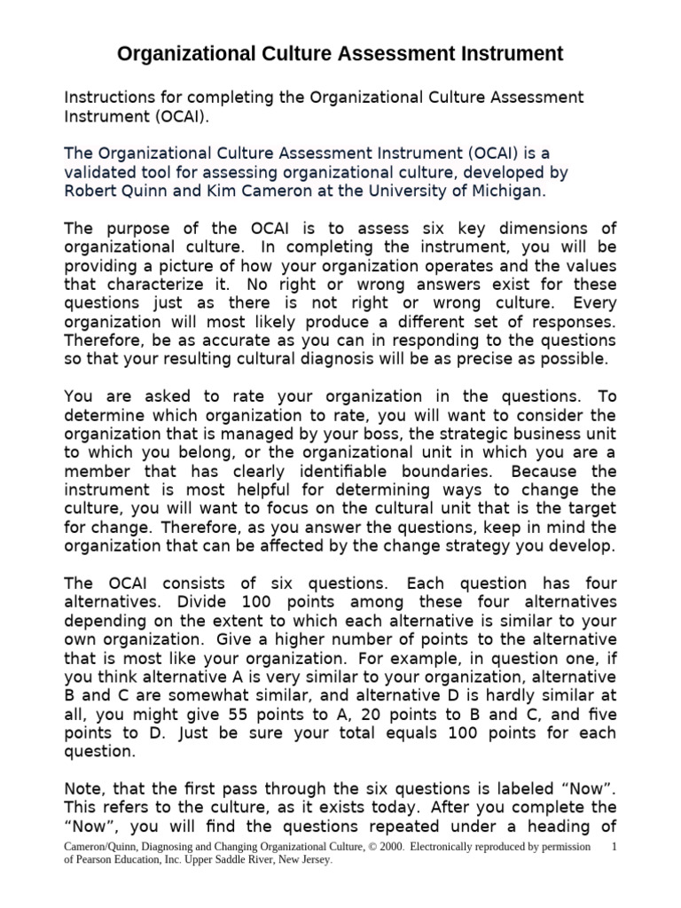 OCAI Culture Assessment | PDF | Organizational Culture | Leadership