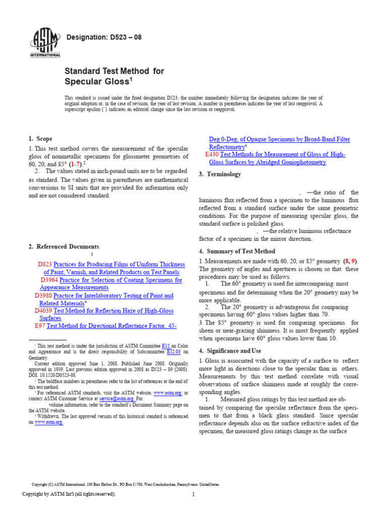 ASTM D523-08 Standard Test Method For Specular Gloss | PDF ...