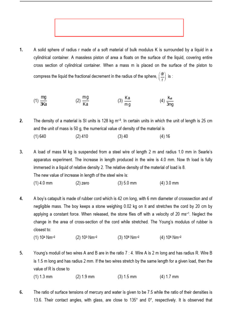 JEE Main Physics: Elasticity & Viscosity Questions | PDF | Surface ...