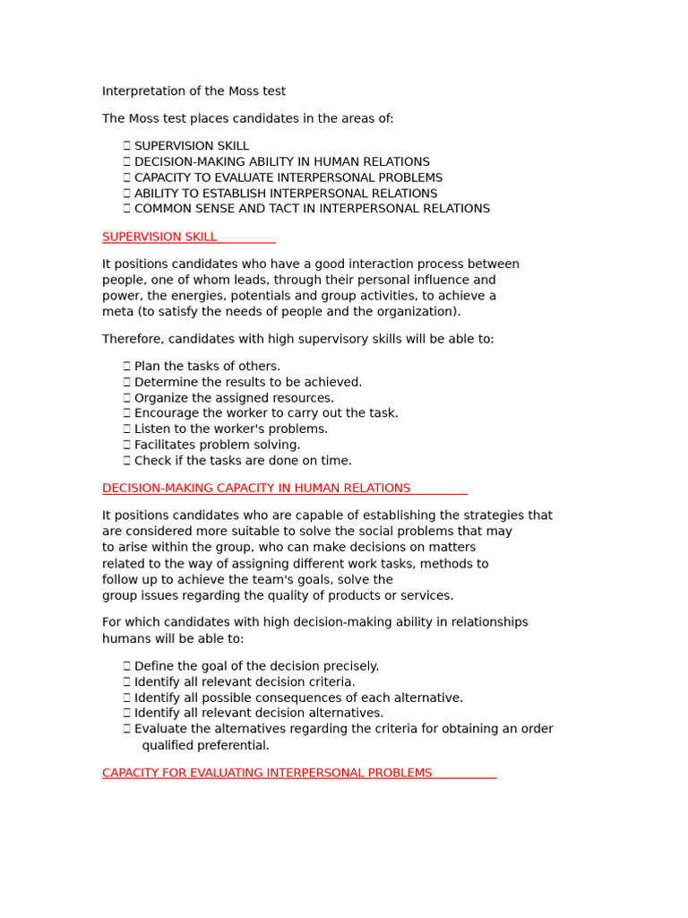 Moss Test: Evaluating Interpersonal Skills | PDF | Decision Making ...