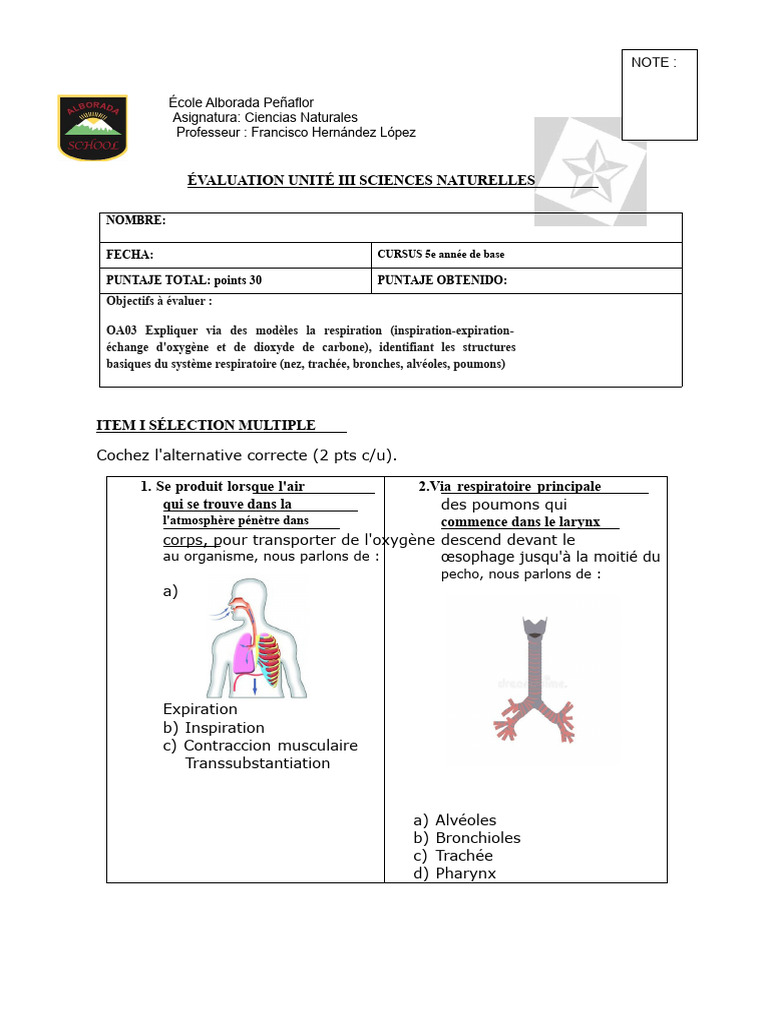 Évaluation sur la respiration en sciences | PDF | Système respiratoire ...