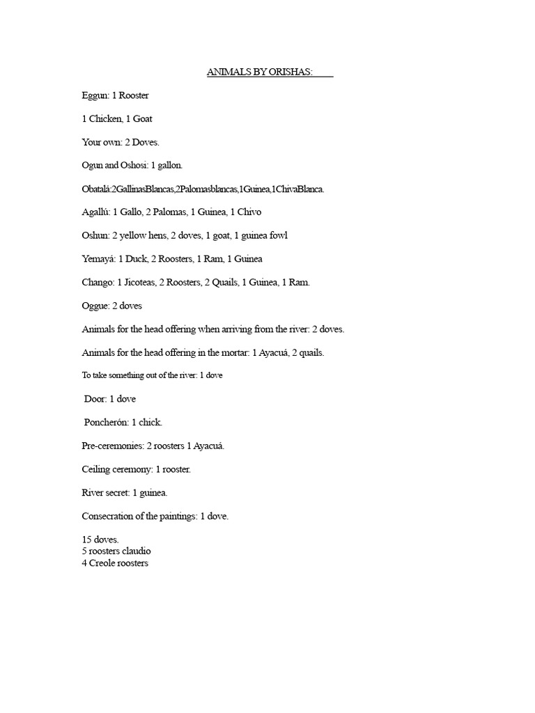 Animals for Orishas Offerings Guide | PDF