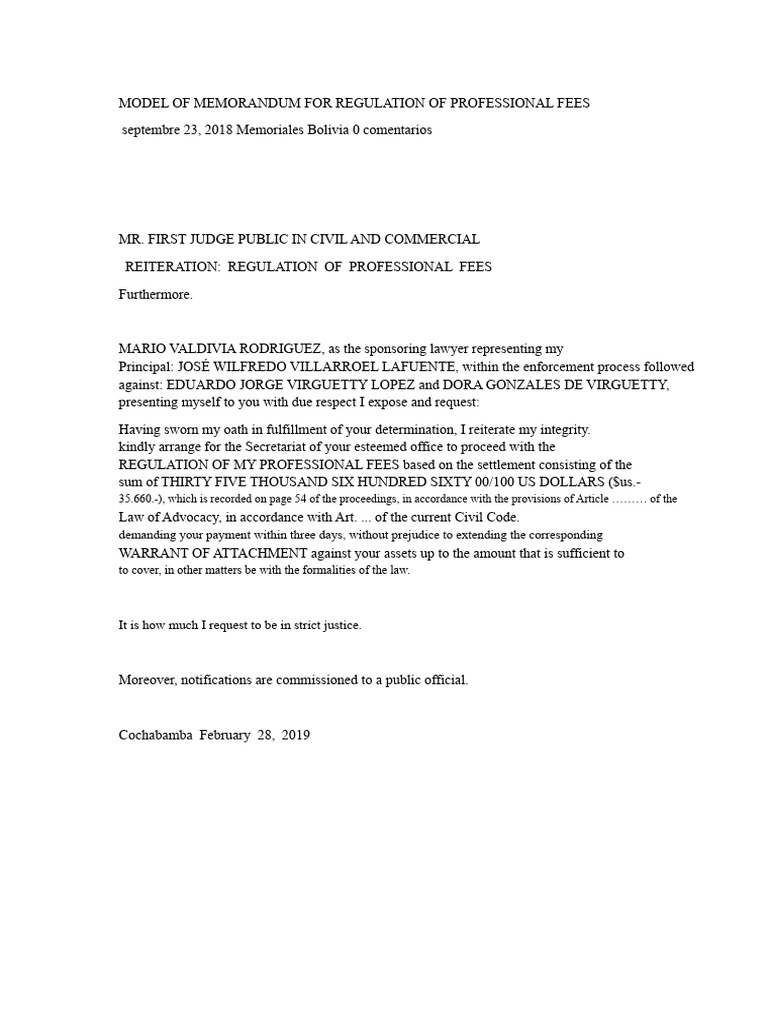 Model of Memorandum For Regulation of Professional Fees | PDF