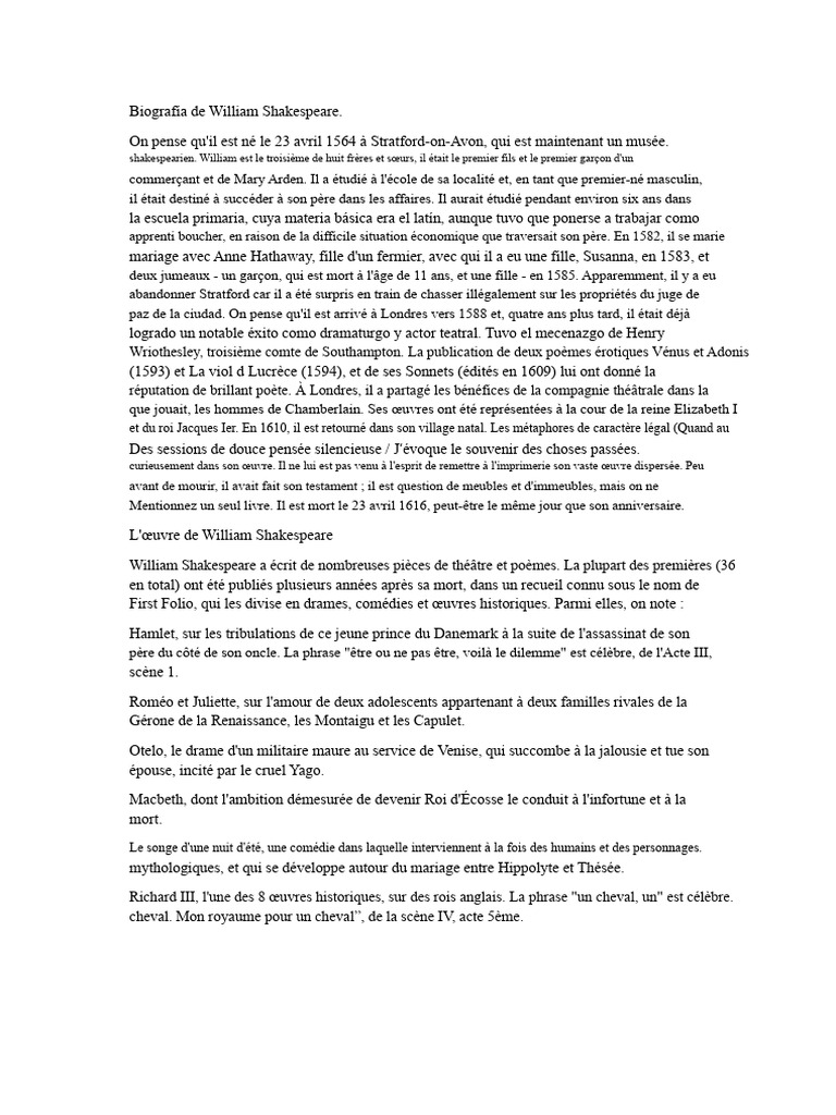 Biographie de William Shakespeare | PDF | Roméo et Juliette | William ...