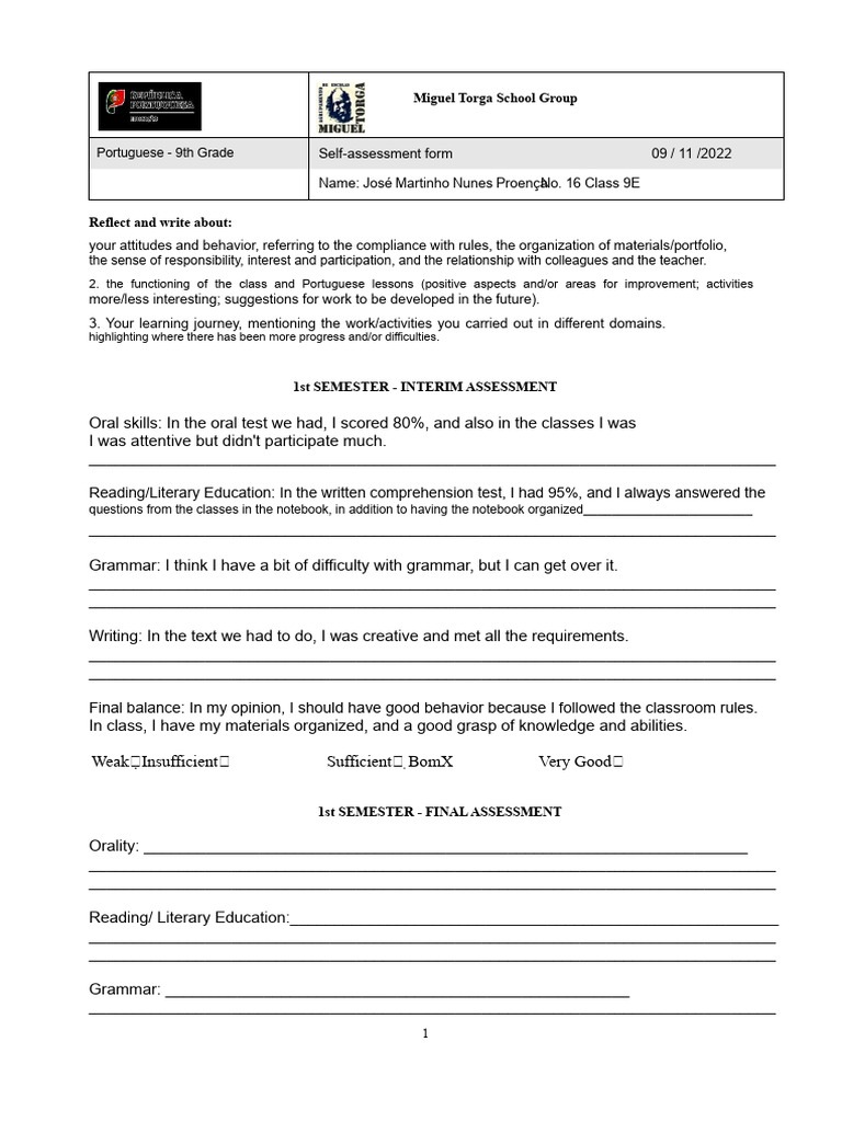 Self-Assessment Sheet 9th Year Portuguese | PDF | Reading Comprehension ...