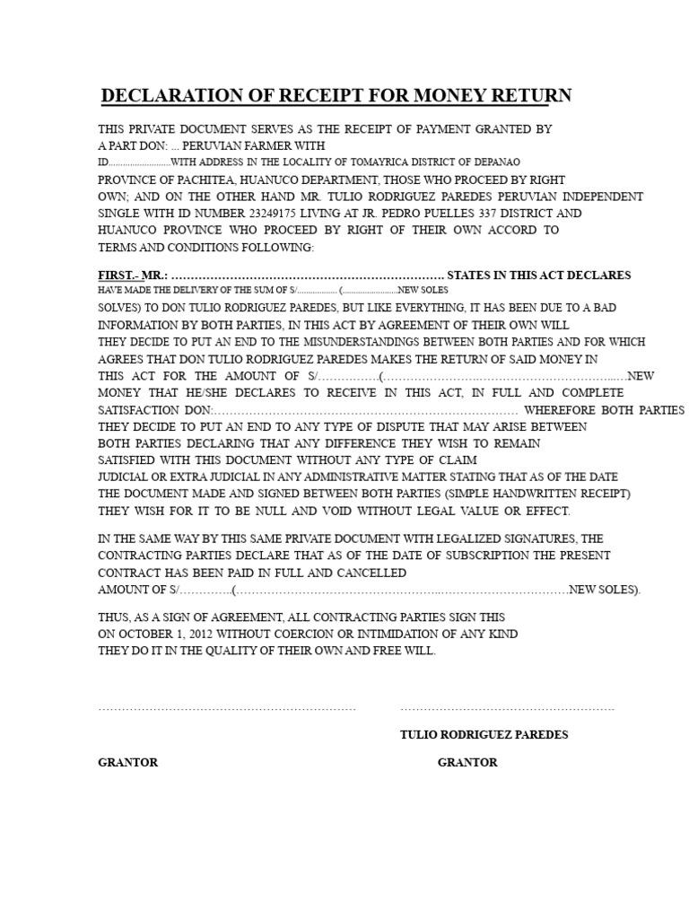 Money Return Receipt Declaration | PDF