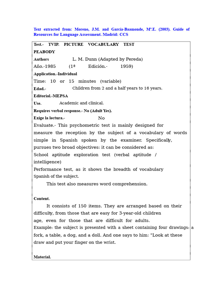 TVIP (Peabody Picture Vocabulary Test) | PDF