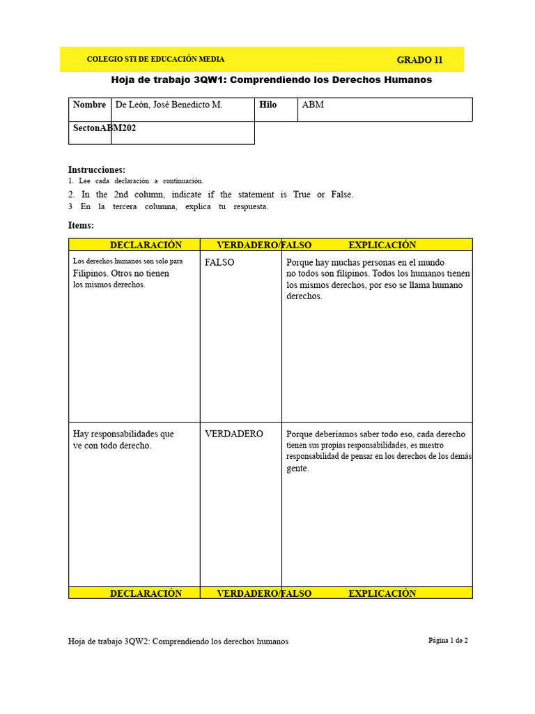 G113QW2 Hoja de Cálculo - Comprendiendo Los Derechos Humanos | PDF