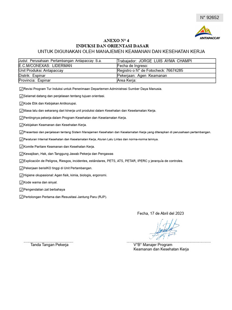 ANEXO 4 - Induksi Pertambangan Antapaccay | PDF