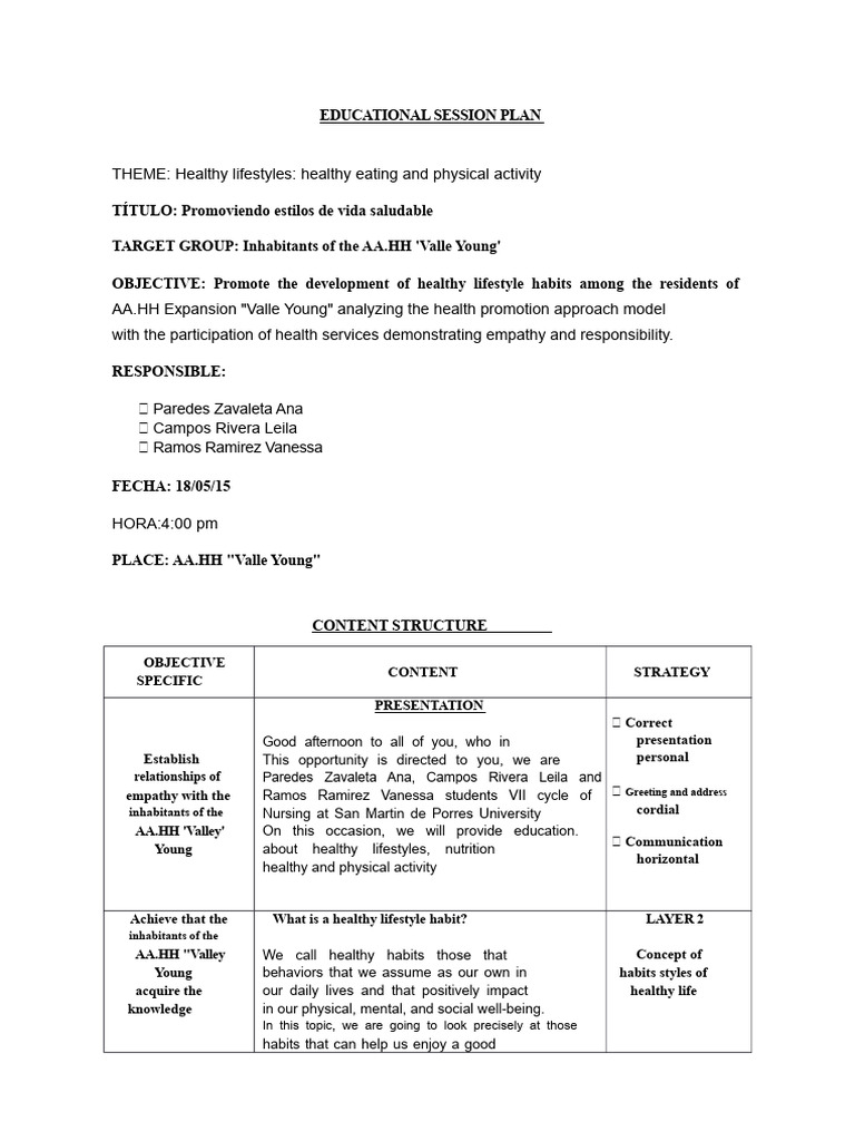 Educational Session Plan | PDF | Foods | Nutrition