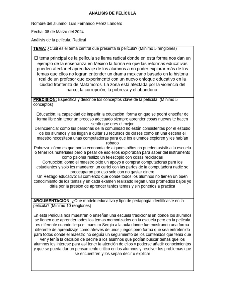 Analisis Pelicula Radical (Luis Fernando Perez Landero) | PDF ...