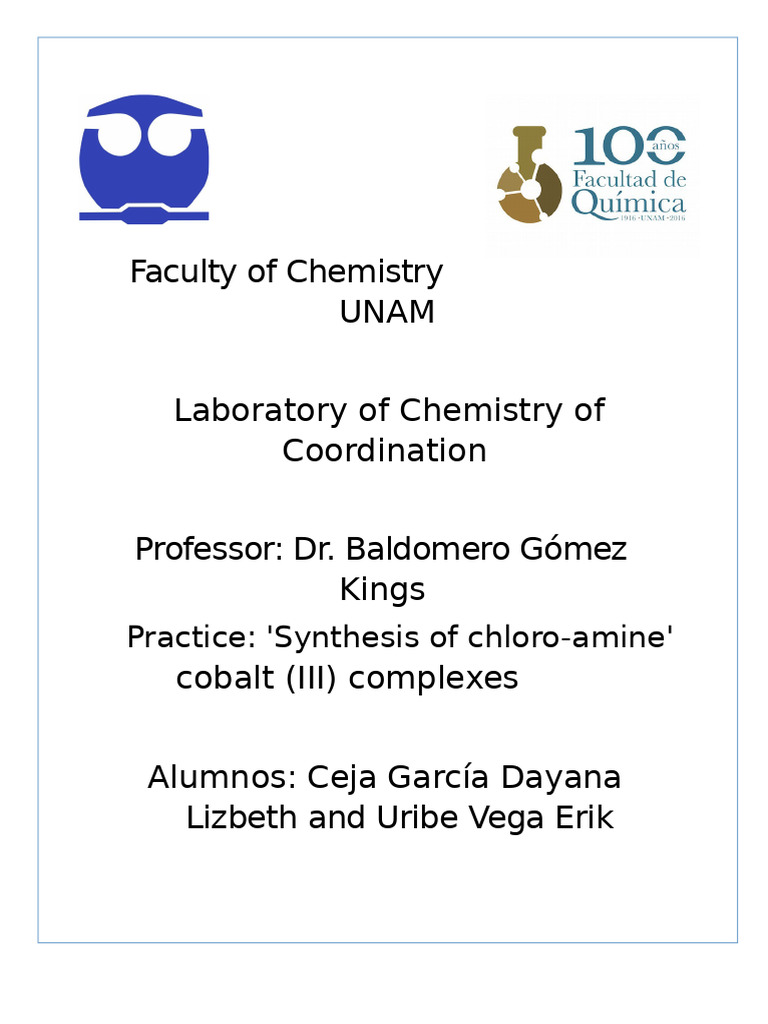 PRACTICE 2 Synthesis of Chlorine-Amine Cobalt (III) Complexes | PDF ...