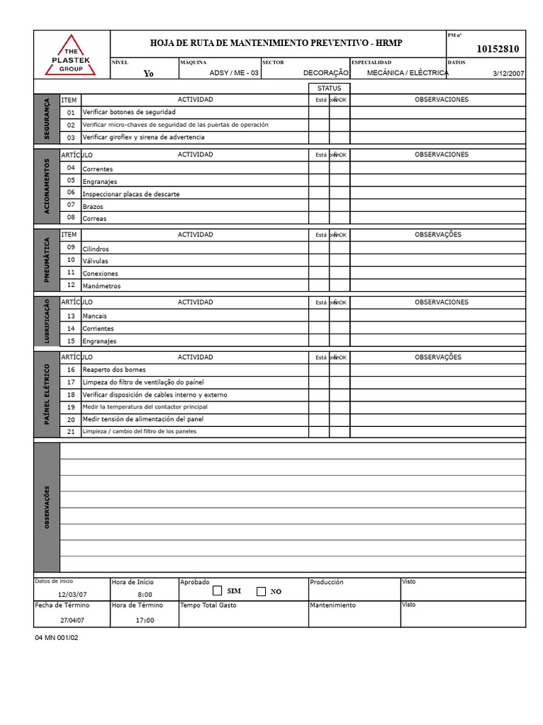 Copia de Check-List - Inyectora - Guía de Mantenimiento Preventivo ...
