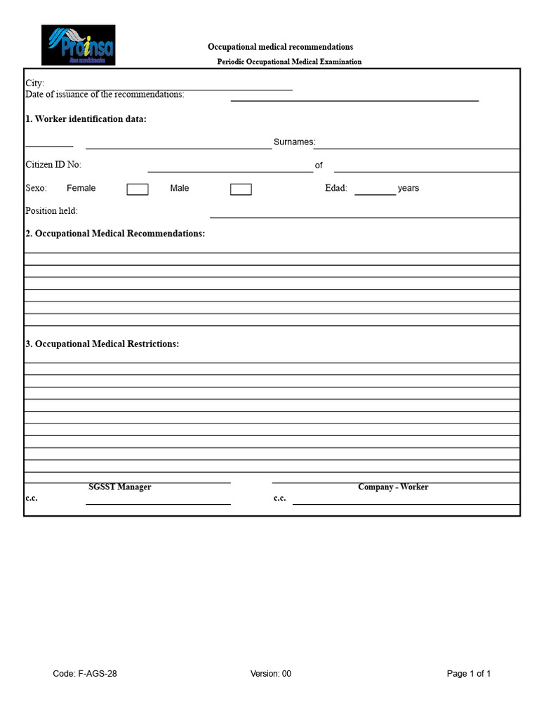 Occupational Medical Recommendations Format | PDF