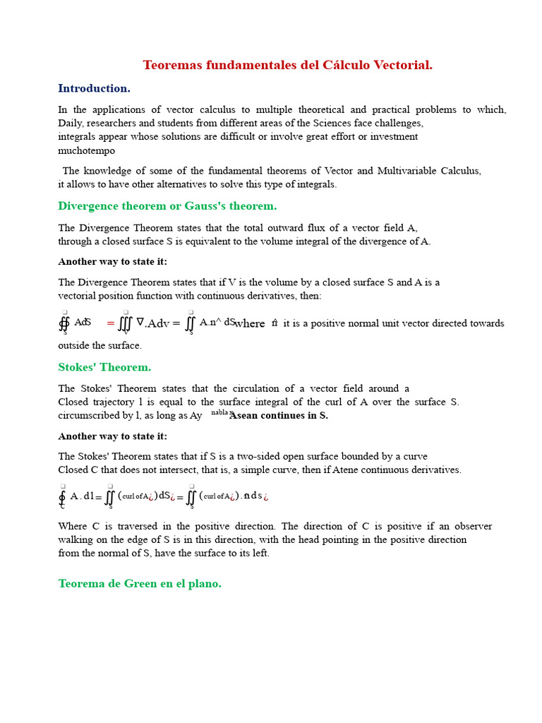 Fundamental Theorems of Vector Calculus | PDF | Integral | Flux