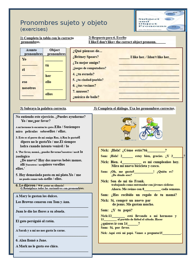 Ejercicios de Pronombres Sujetos y Objetos, Ejercicios de Gramática ...