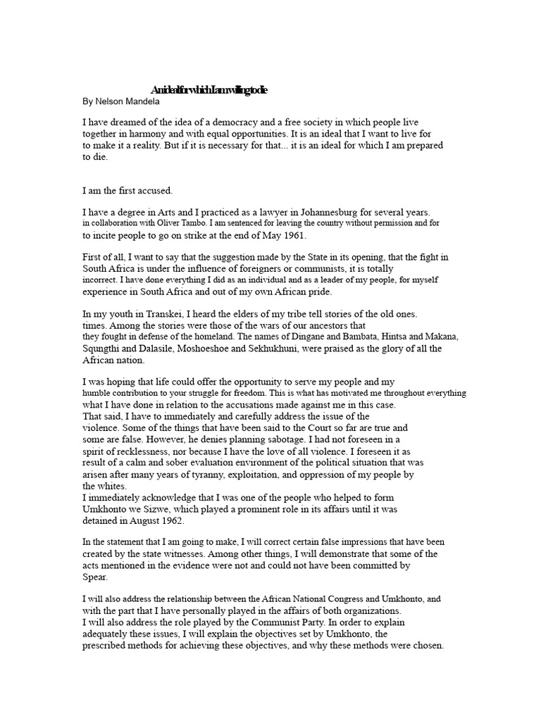 An Ideal For Which I Am Prepared To Die - Mandela | PDF | Nelson Mandela