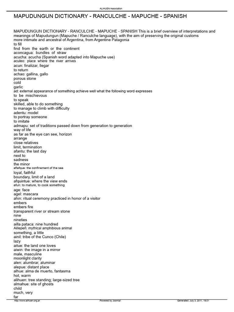 Mapudungun-Ranculche Dictionary | PDF