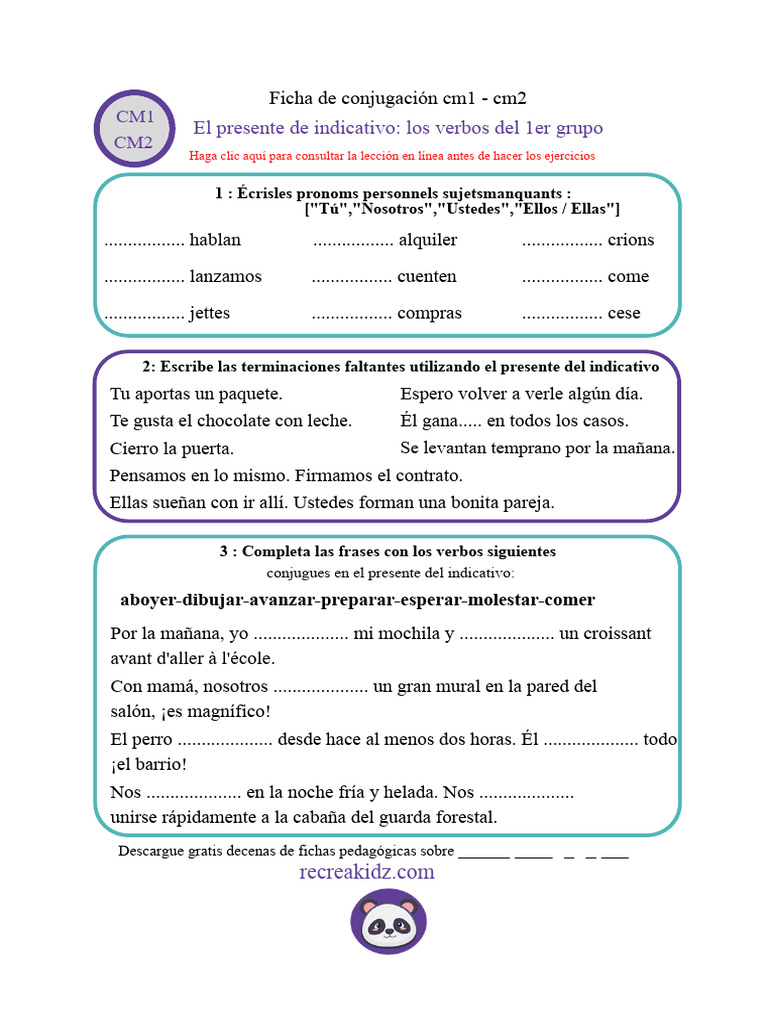 Fichas de Ejercicios - Presente Del Indicativo cm1 - cm2 - Evaluación ...