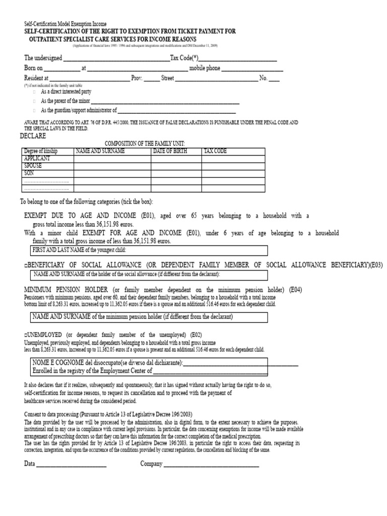 Ticket Exemption For Income Self-Certification Form | PDF | Pension ...