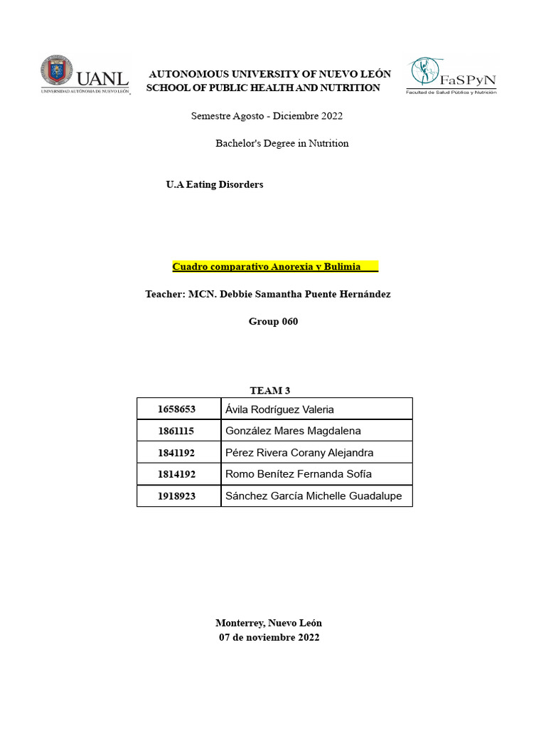 Comparative Chart Anorexia and Bulimia | PDF | Bulimia Nervosa ...