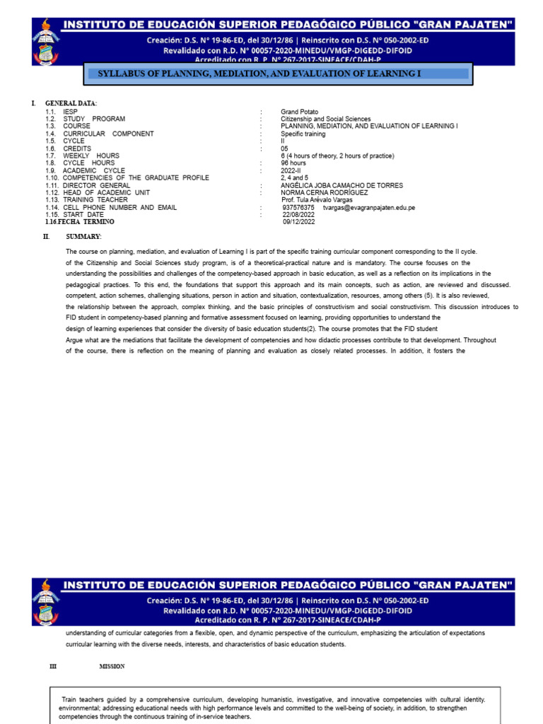 Syllabus of Planning, Mediation and Evaluation of Parenthesis I | PDF ...