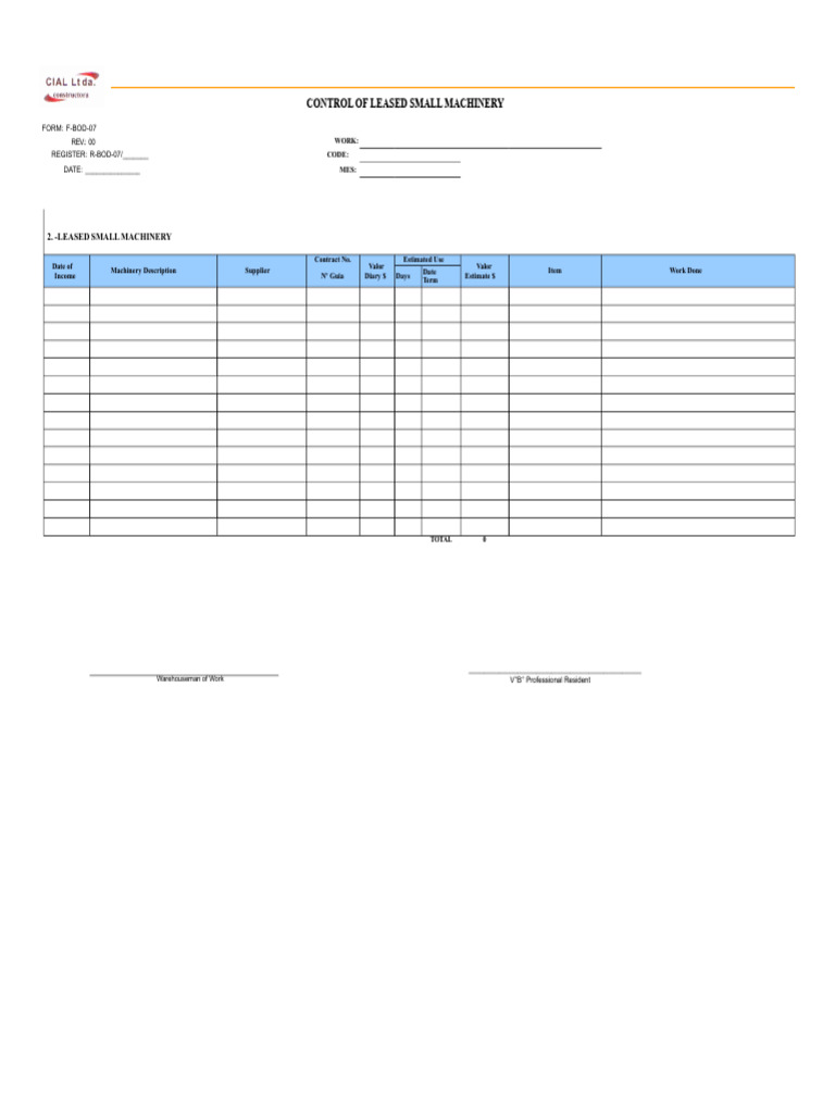F-BOD-07 Control Sheet For Leased Minor Machinery | PDF