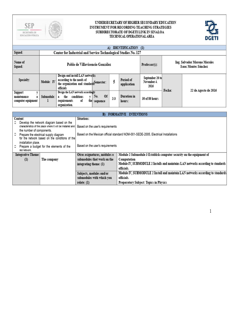 DIDACTIC SEQUENCE No. 2 Design The LAN NETWORK According To The ...